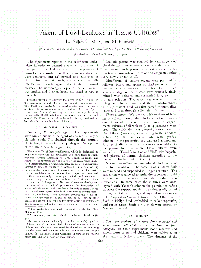 Agent of Fowl Leukosis in Tissue Cultures*† | Cancer Research ...