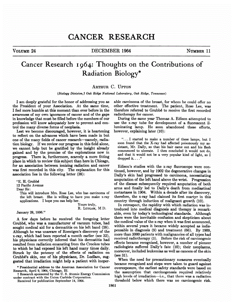 Cancer Research 1964: Thoughts on the Contributions of Radiation ...