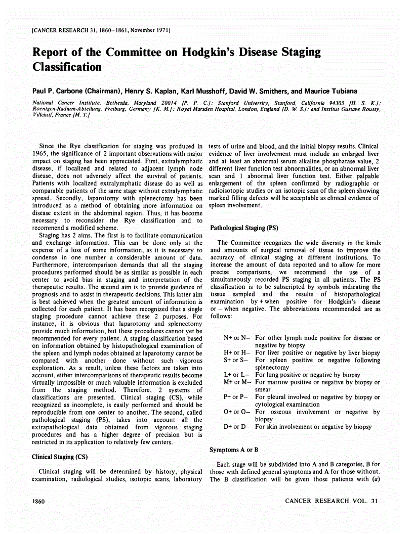 Report of the Committee on Hodgkin's Disease Staging Classification ...