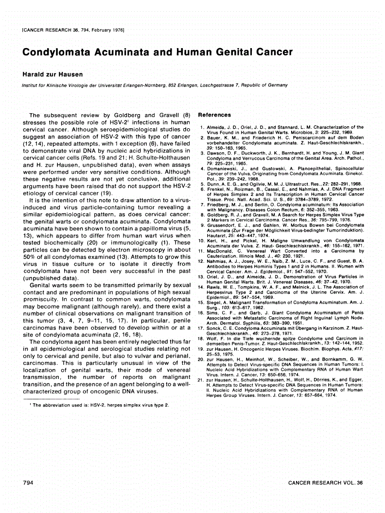 Condylomata Acuminata and Human Genital Cancer | Cancer Research ...