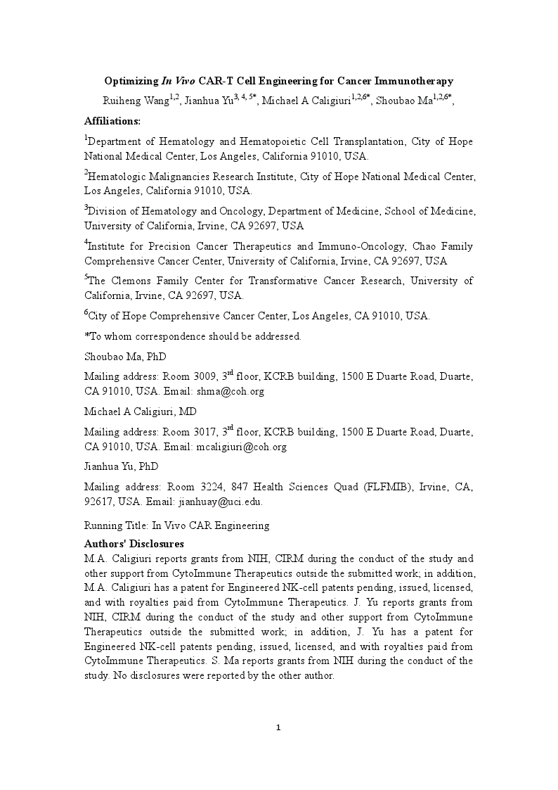 Optimizing In Vivo CAR-T Cell Engineering for Cancer Immunotherapy ...