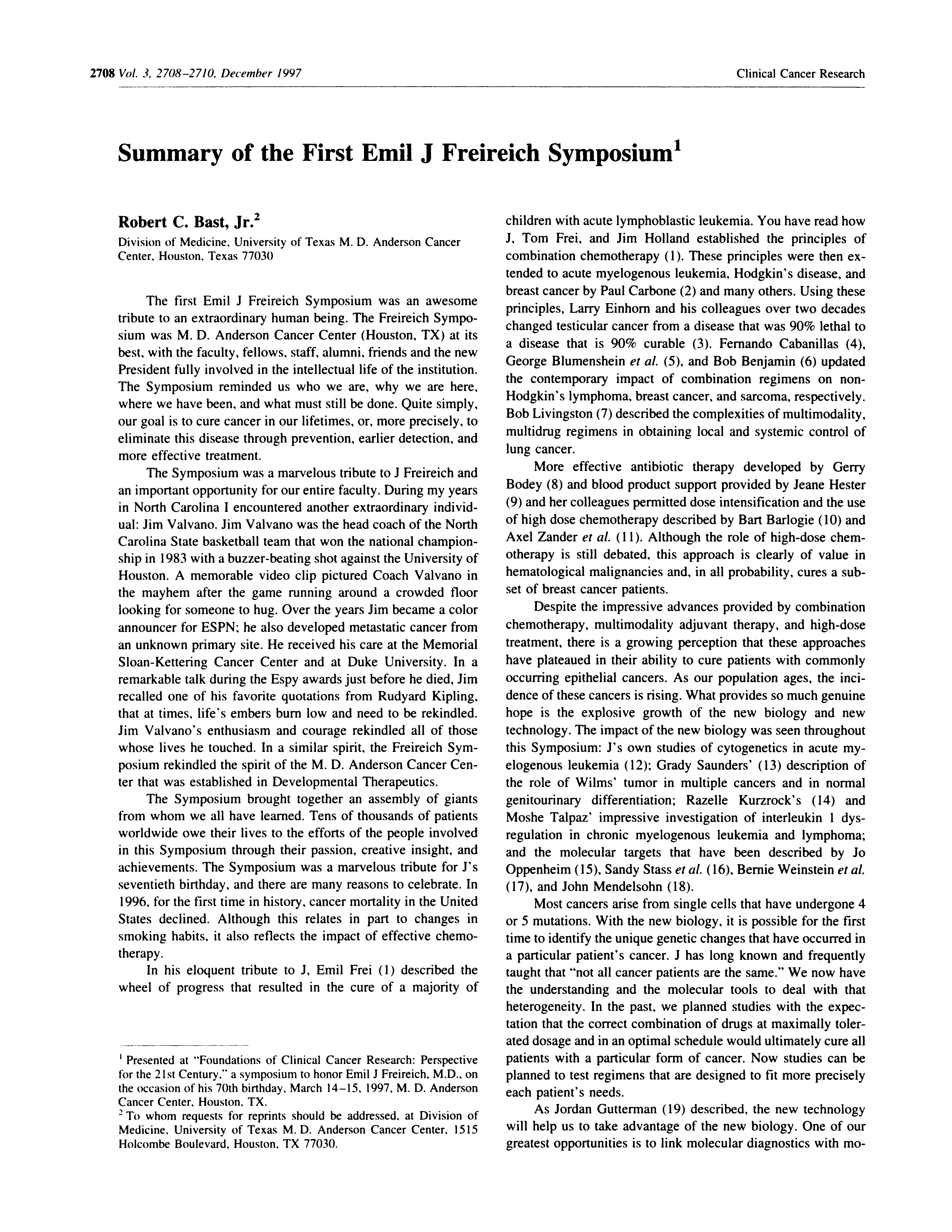 Summary of the first Emil J Freireich symposium. | Clinical Cancer ...