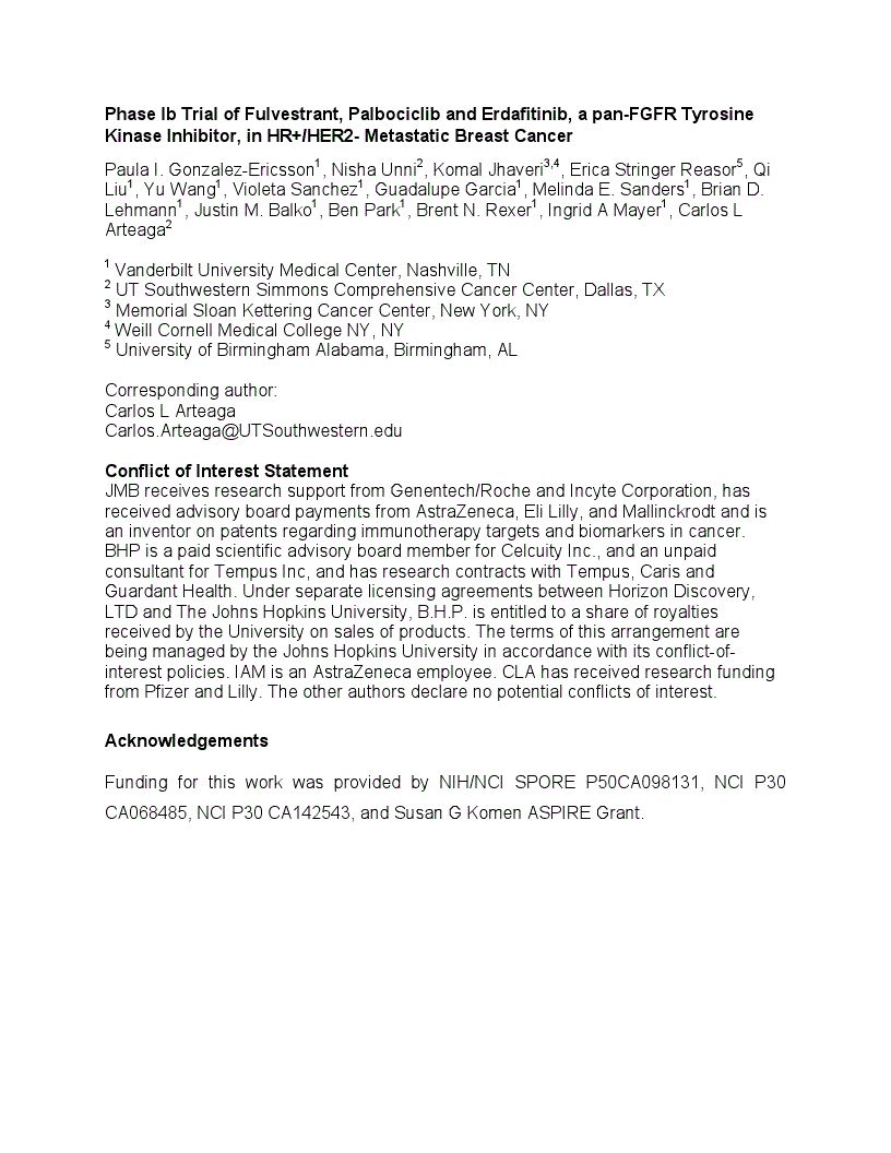 Phase Ib Trial of Fulvestrant, Palbociclib and Erdafitinib, a pan-FGFR Tyrosine Kinase Inhibitor ...