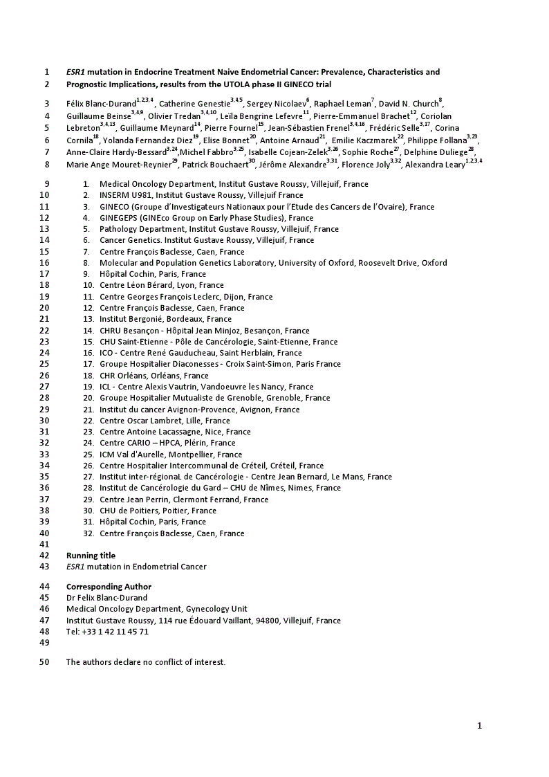 ESR1 mutation in Endocrine treatment naive Endometrial Cancer ...