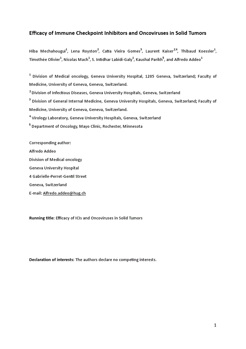 Efficacy of Immune Checkpoint Inhibitors and Oncoviruses in Solid ...